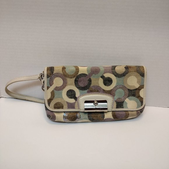 Coach | Bags | Coach Multi Coloredcream Leather Trim Wristlet With ...